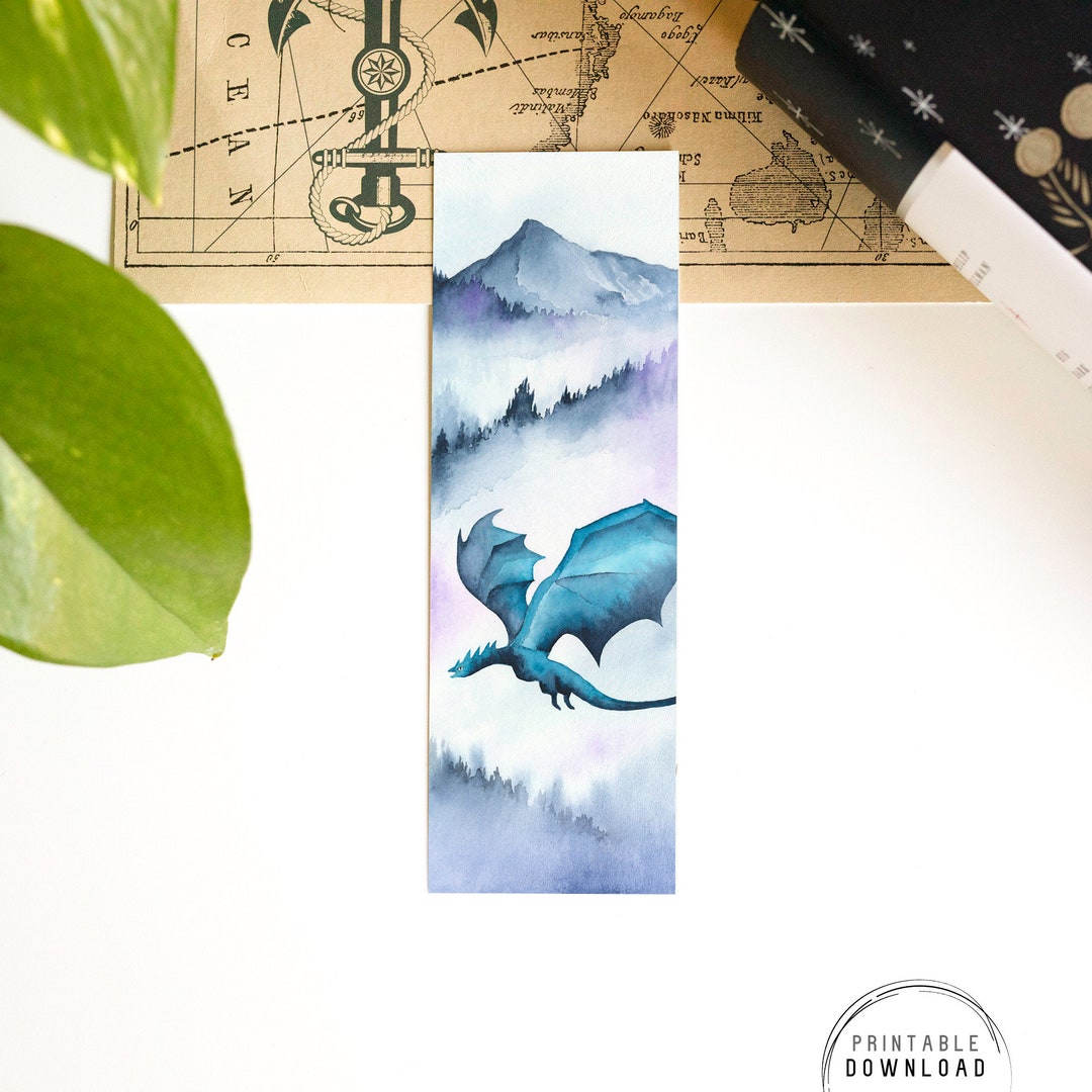 Dragon Bookmark, Fantasy Watercolor Bookmark, Blue Flying Dragon ...