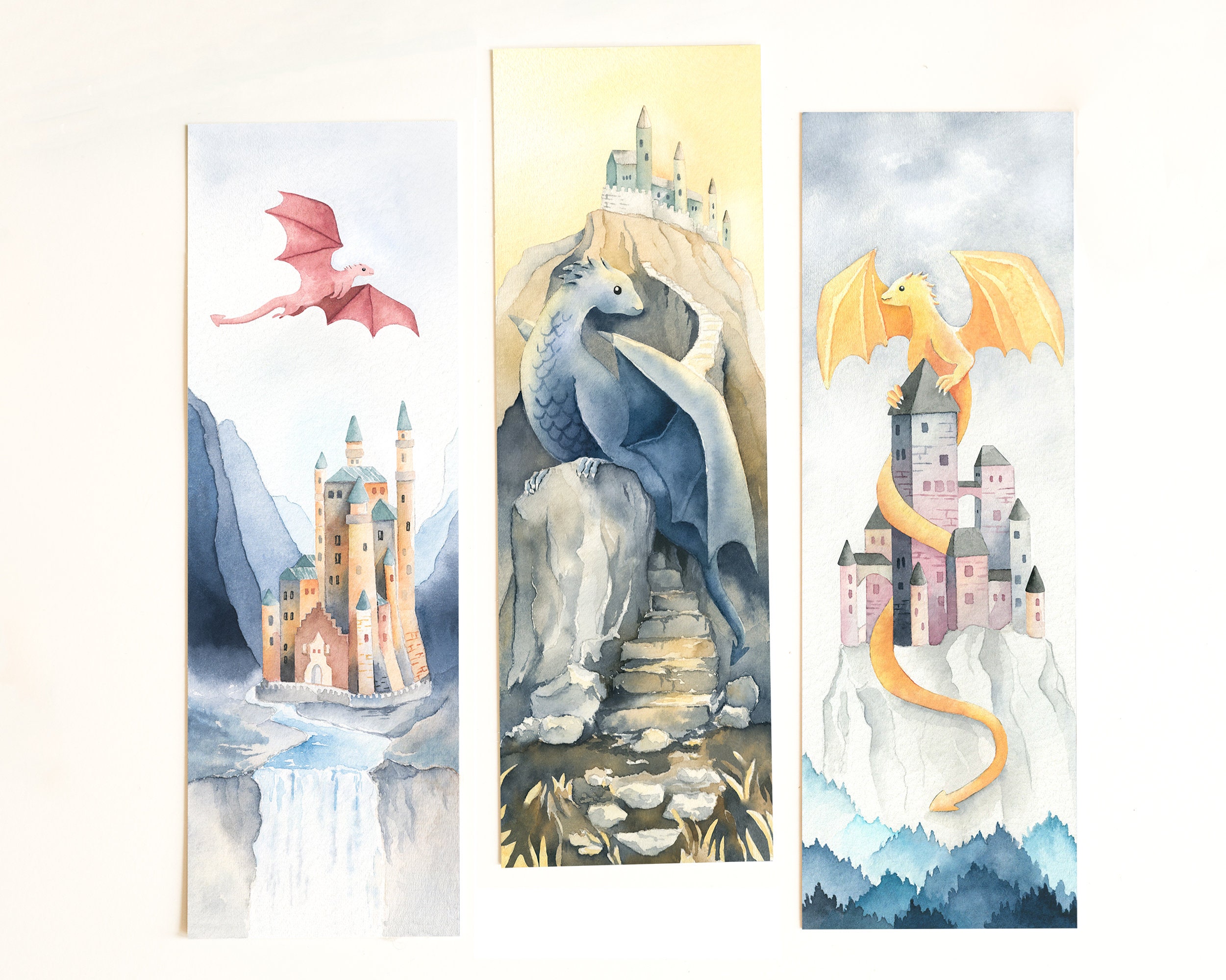 Dragon Bookmarks Fantasy Castle Watercolor Bookmarks Set of - Etsy