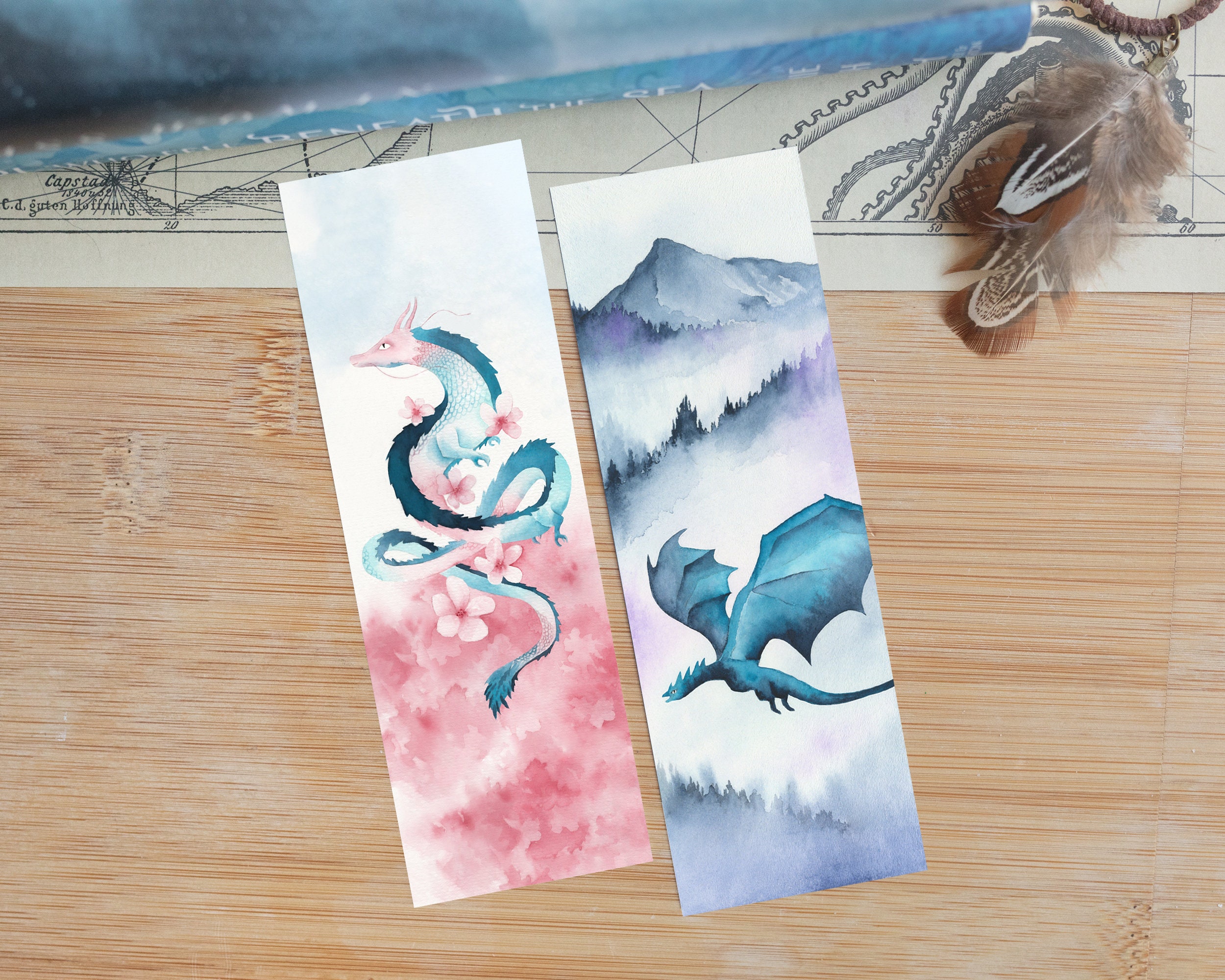 Dragon Bookmarks Fantasy Watercolor Bookmarks Set of 2 - Etsy
