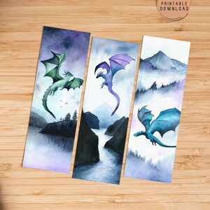 Dragon Bookmarks, Fantasy Watercolor Bookmarks, Set of 3 Printable ...