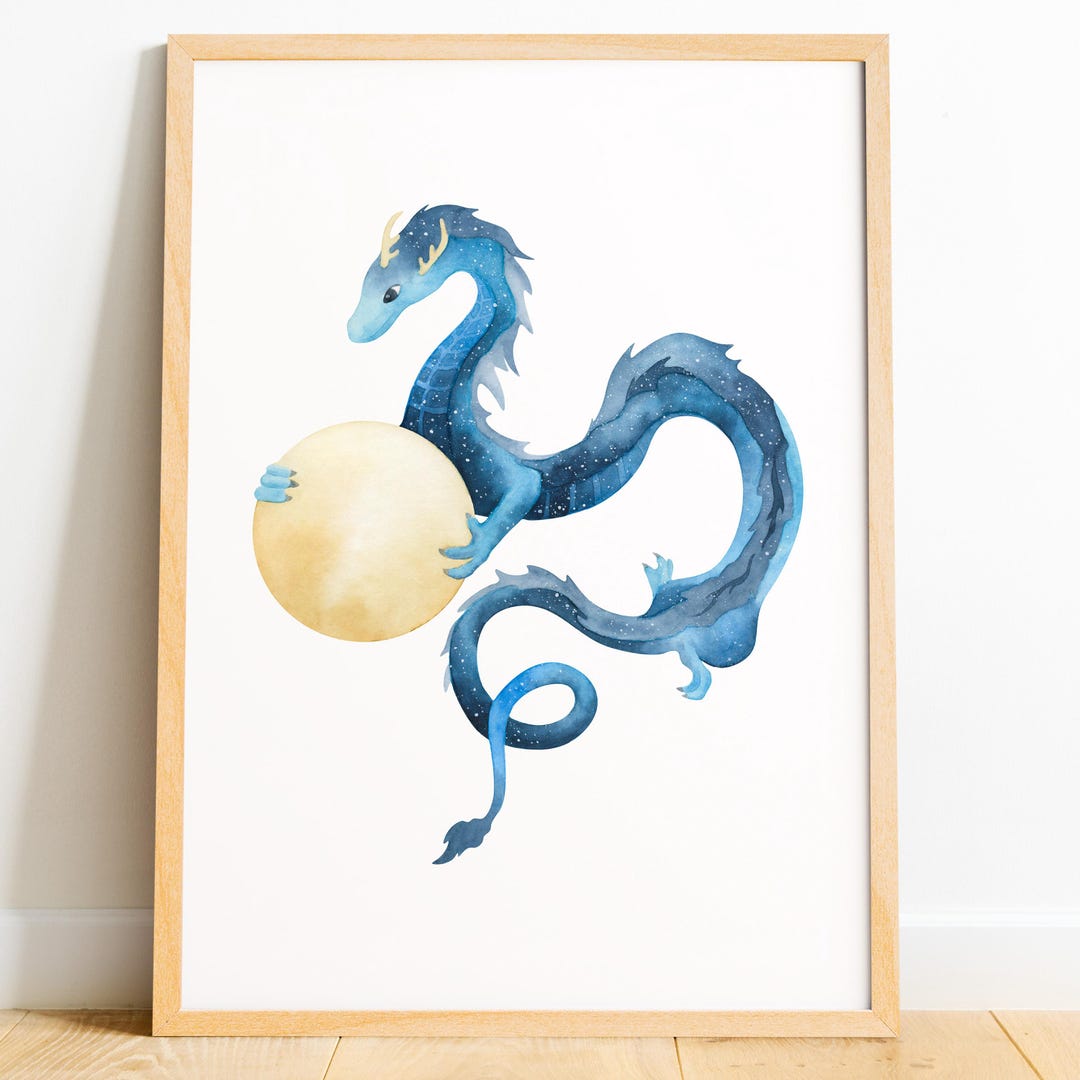 Blue Dragon Watercolor Print: Fantasy Mythical Creature Art, Asian ...