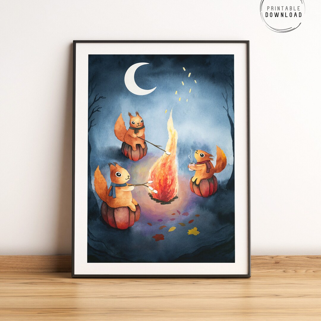 Squirrels Having a Campfire, Bonfire Printable Watercolor Wall Art ...
