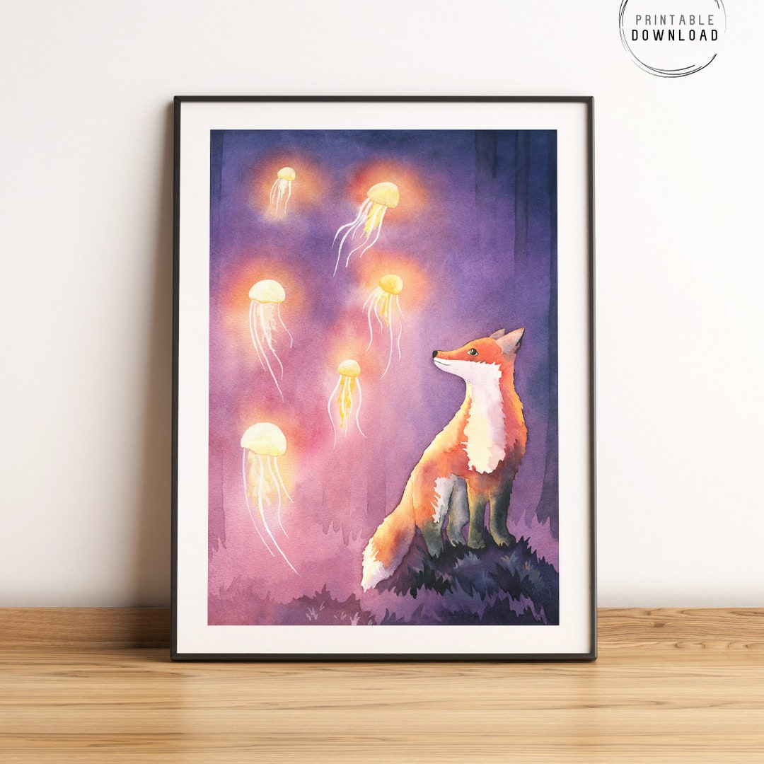 Fox and Glowing Jellyfish, Fantasy Printable Illustration, Fairytale ...