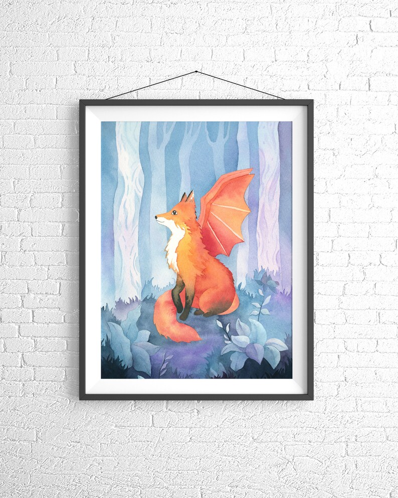 Fox Dragon Watercolor Illustration, Printable Fairytale Forest Painting ...