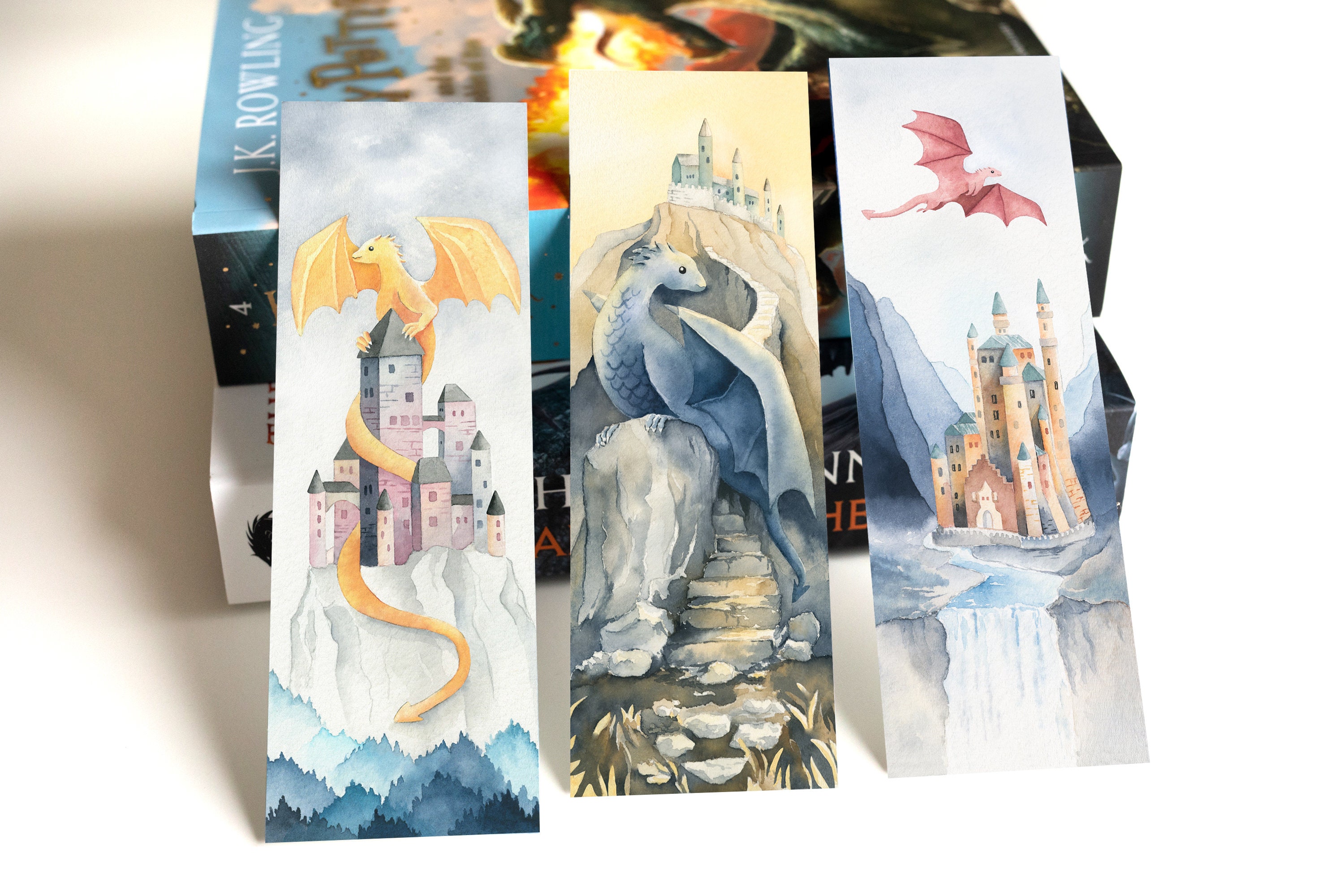 Dragon Bookmarks Fantasy Castle Watercolor Bookmarks Set of - Etsy