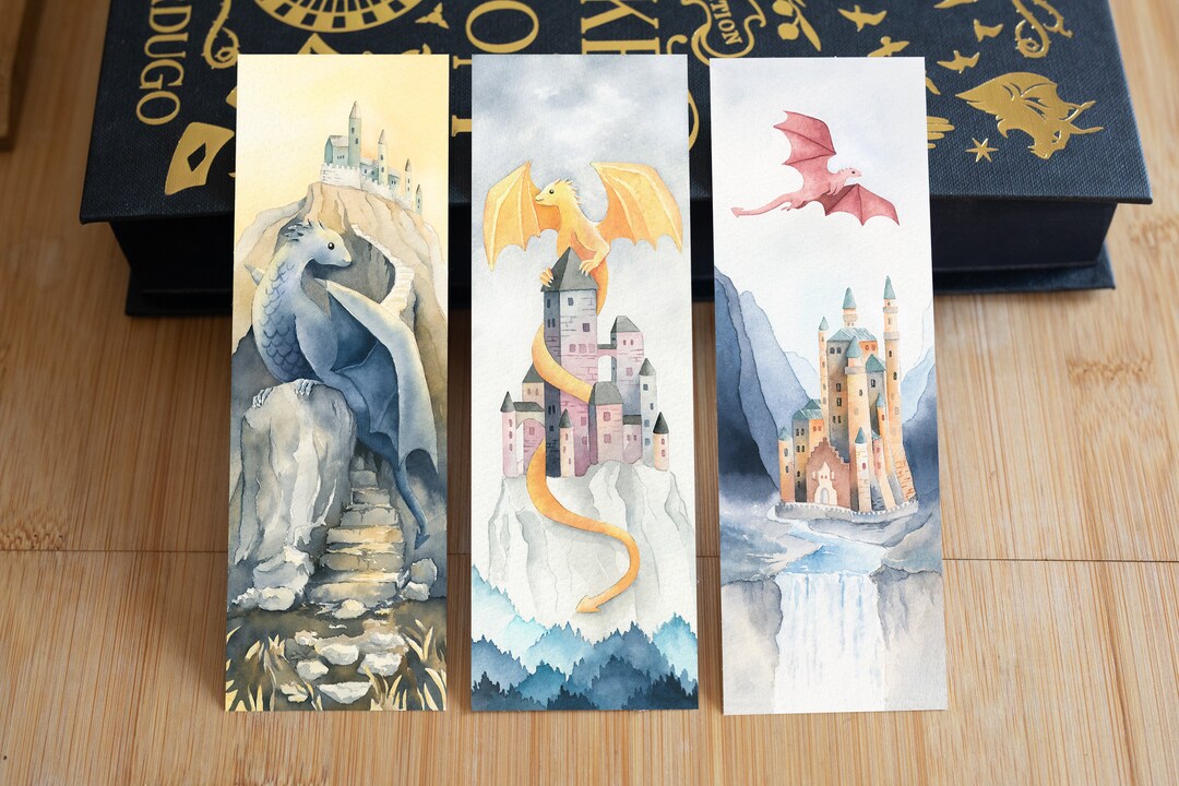 Dragon Bookmarks, Fantasy Castle Watercolor Bookmarks, Set of 3 ...