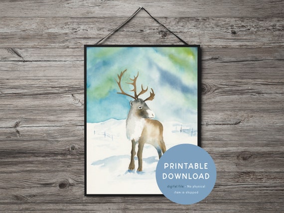 Reindeer Northern Lights Watercolor Printable Wall Art - Etsy