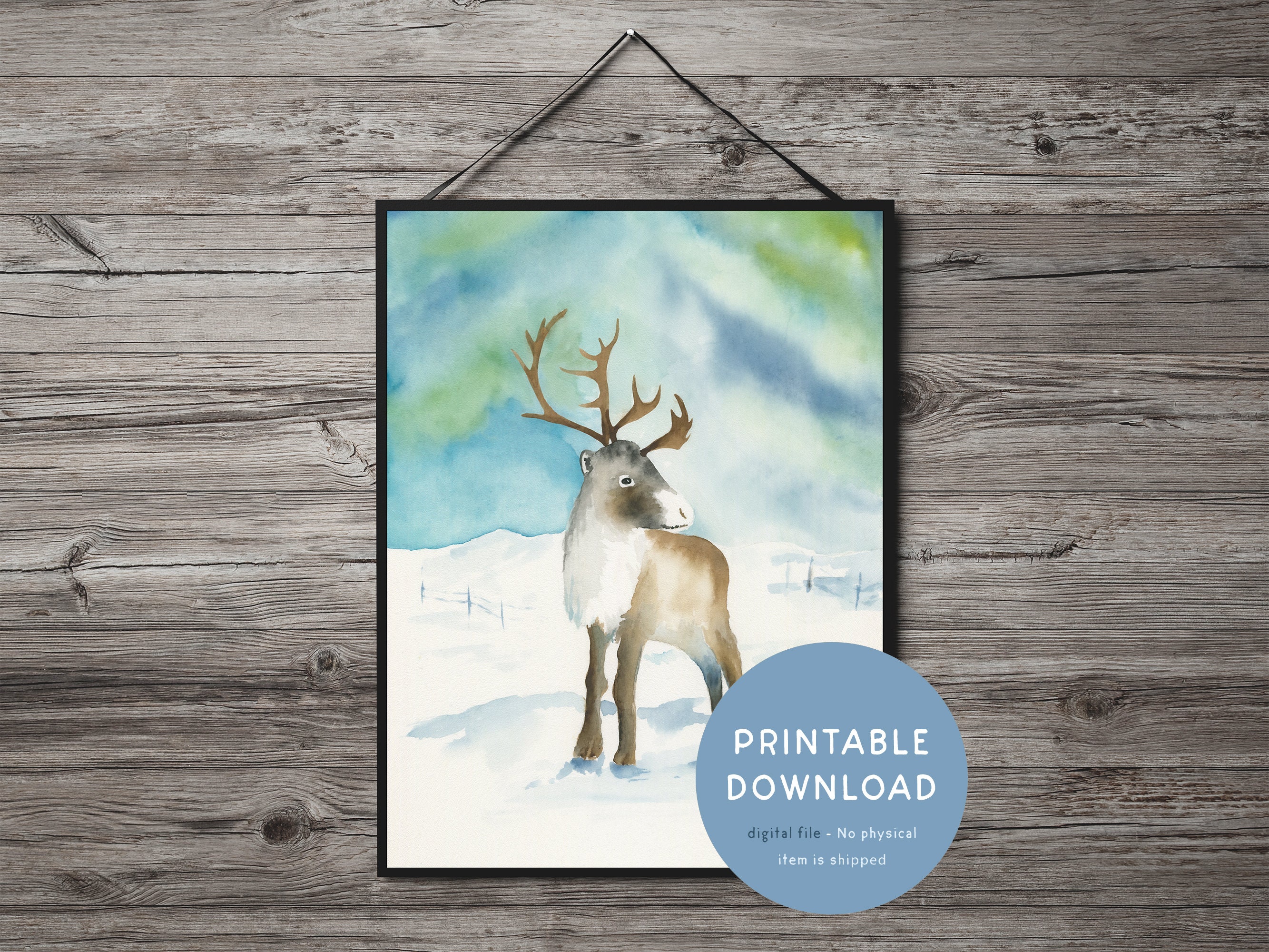 Reindeer Northern Lights Watercolor Printable Wall Art - Etsy