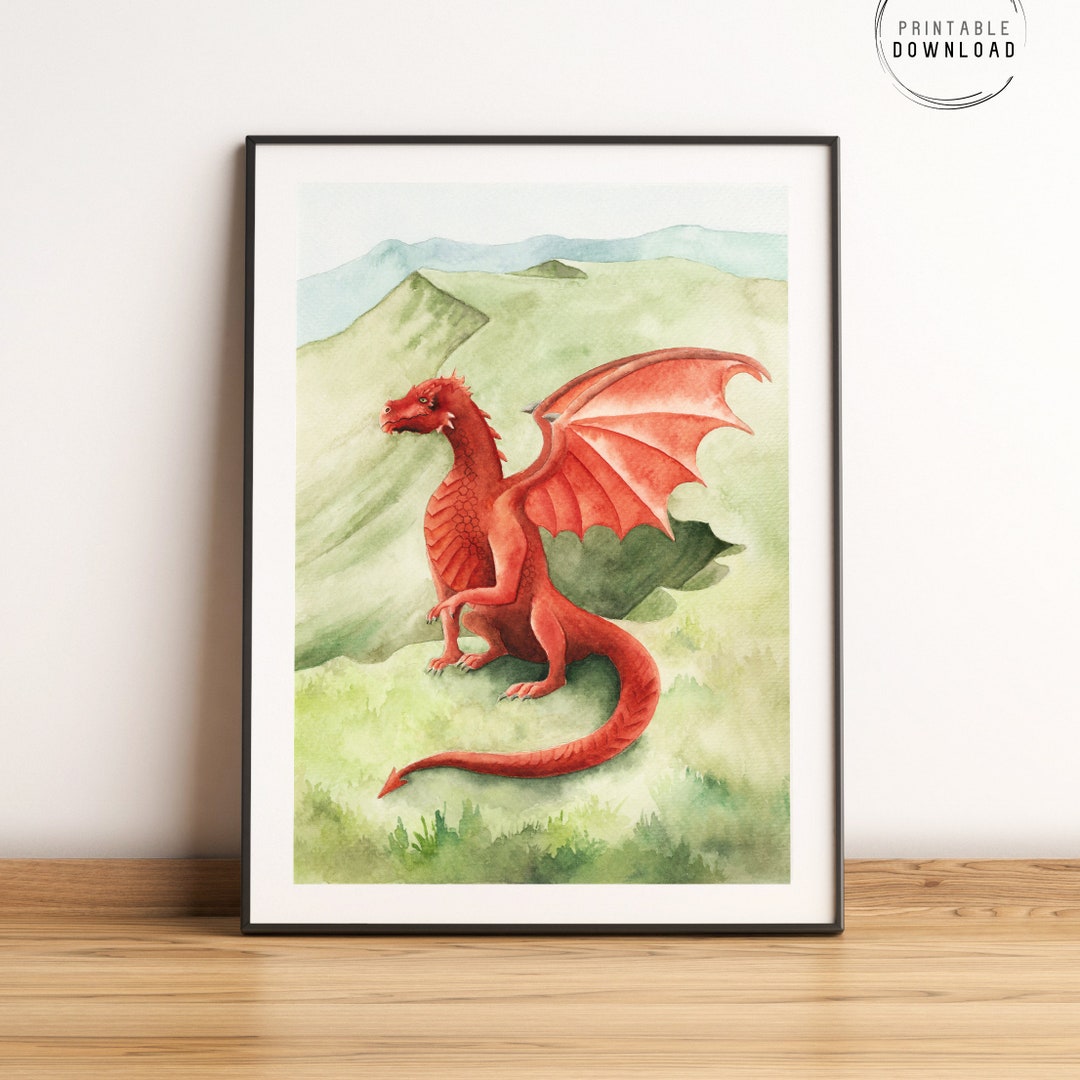 Welsh Dragon Printable Wall Art, Wales Red Dragon Watercolor ...