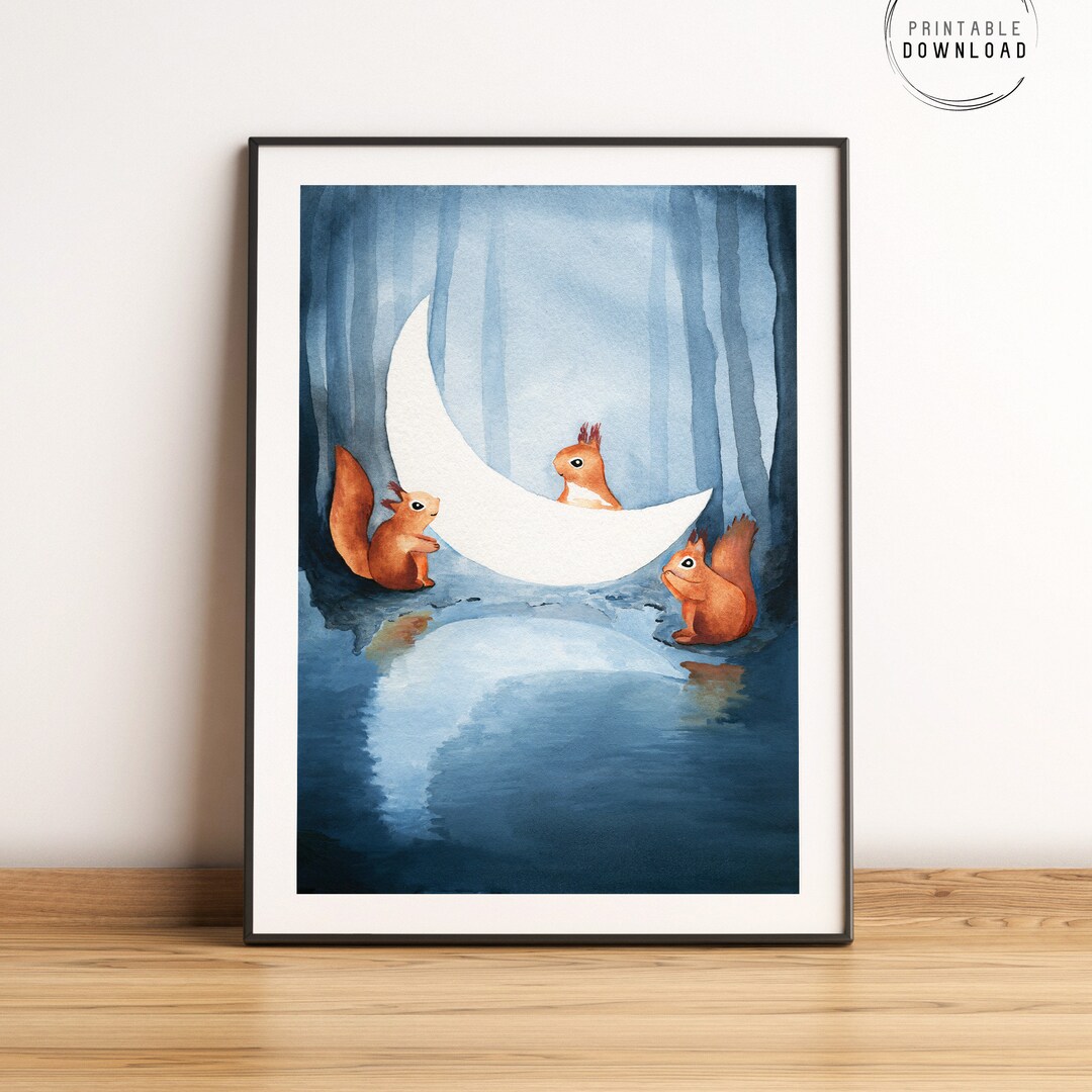 Squirrels in a Magical Forest, Printable Watercolor Wall Art, Fantasy ...