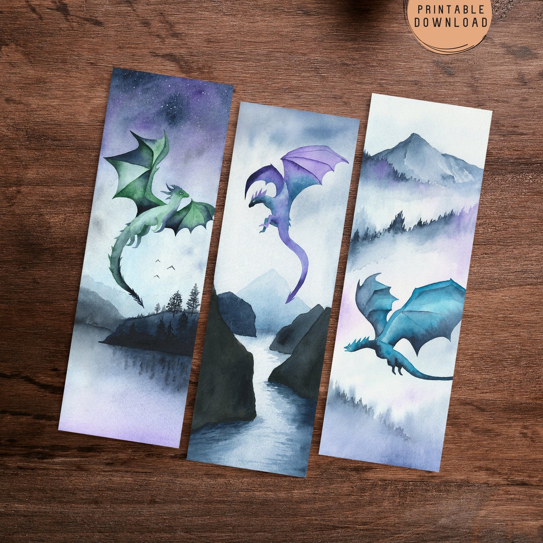 Dragon Bookmarks Fantasy Watercolor Bookmarks Set of 3 - Etsy