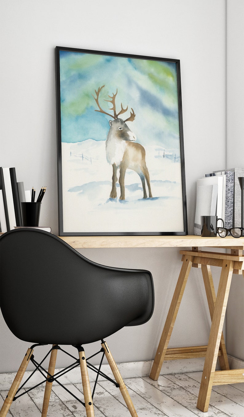 Reindeer Northern Lights Watercolor Print: Nordic Christmas Decor ...