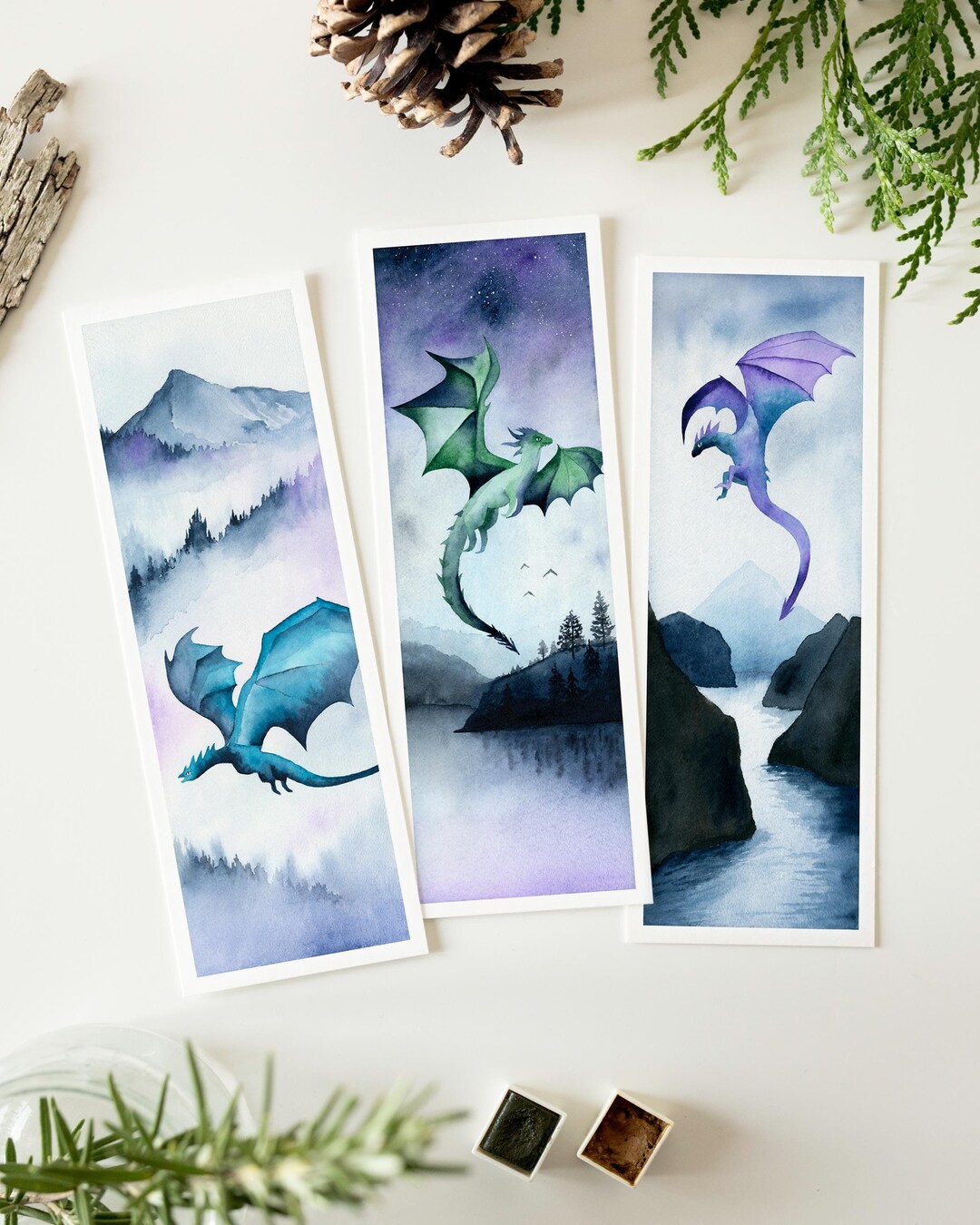 Dragon Bookmarks, Fantasy Watercolor Bookmarks, Set of 3, Magical ...
