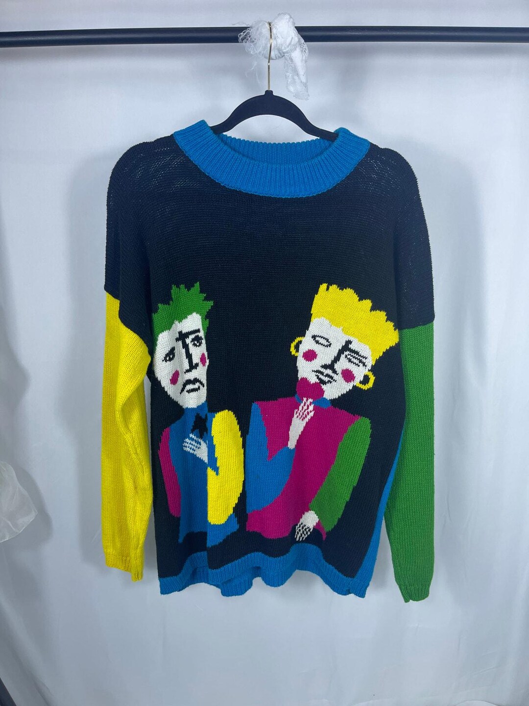 VTG 80s Color Block GENERRA New Wave SWEATER Blue Black Yellow Medium ...
