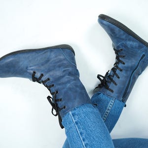 WOMEN Boots WIDE Zero Drop Barefoot NAVY Blue Crazy Leather Handmade ...
