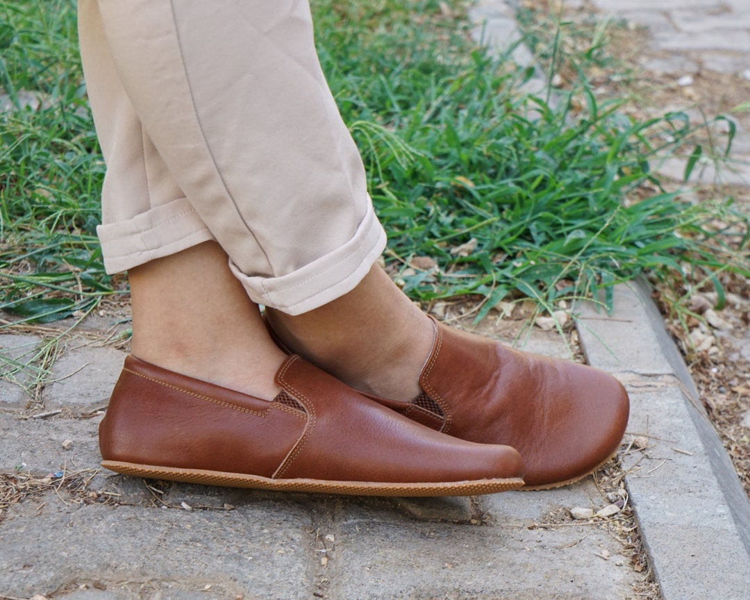 WOMEN Zero Drop Slip-on Barefoot BROWN SMOOTH Leather Handmade Shoes ...