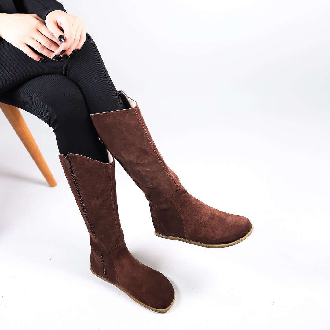 Women Flat KNEE Boots Barefoot Zero Drop BROWN SUEDE Leather Handmade ...