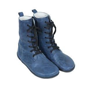 WOMEN Boots WIDE Zero Drop Barefoot NAVY Blue Crazy Leather Handmade ...