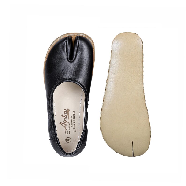 Black Leather Split-toe Tabi Shoes, Barefoot Ballet Flats, Handmade ...