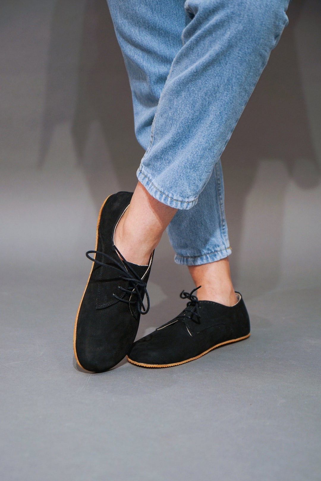 WOMEN Zero Drop Oxford Barefoot BLACK NUBUCK Leather Handmade Shoes ...