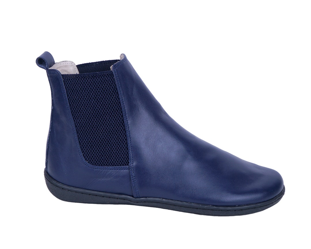 Women Handmade CHELSEA Boots Zero Drop, Barefoot NAVY Blue SMOOTH ...