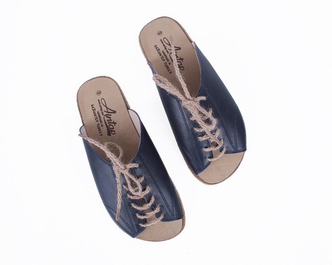 WOMEN Wider Laces Slipper, Sandals Barefoot NAVY Blue SMOOTH Leather ...