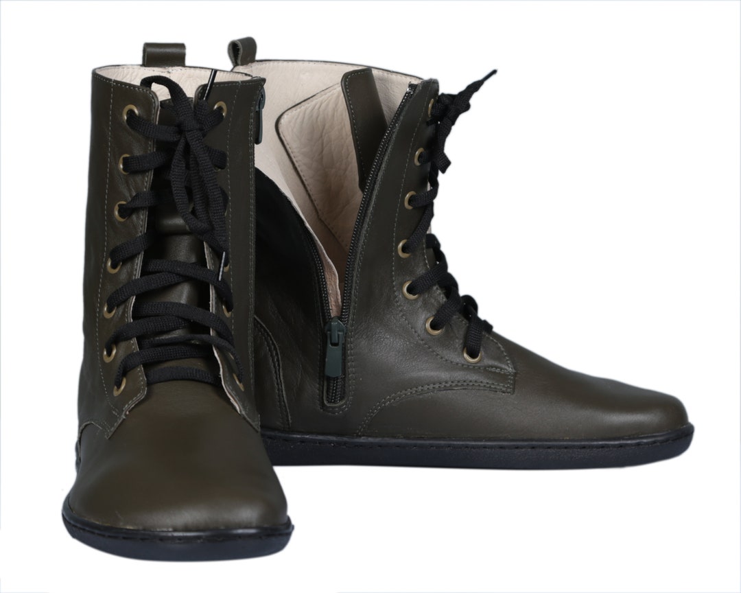 Women BOOT OLIVE Green Smooth Leather, Handmade Barefoot, Grounding ...