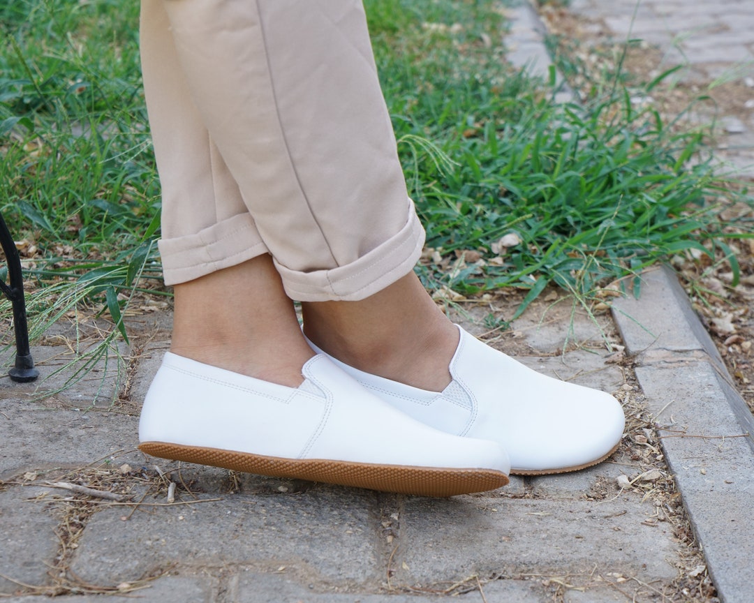 MEN Zero Drop Slip on Barefoot WHITE SMOOTH Leather Handmade Shoes ...