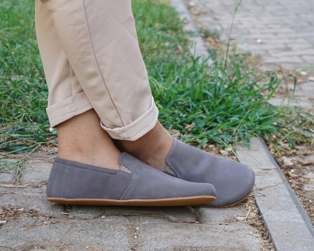 WOMEN Zero Drop Slip-on Barefoot GRAY NUBUCK Leather Handmade Shoes ...