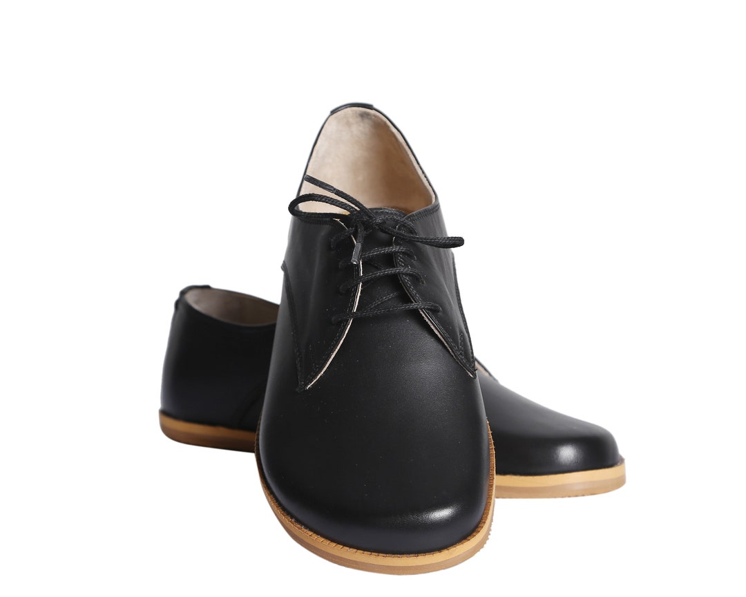 MEN Zero Drop OXFORD Barefoot BLACK Smooth Leather Handmade Shoes ...