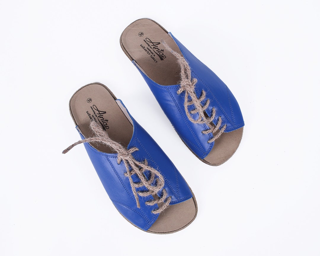 WOMEN Wider Laces Slipper, Sandals Barefoot BLUE SMOOTH Leather ...