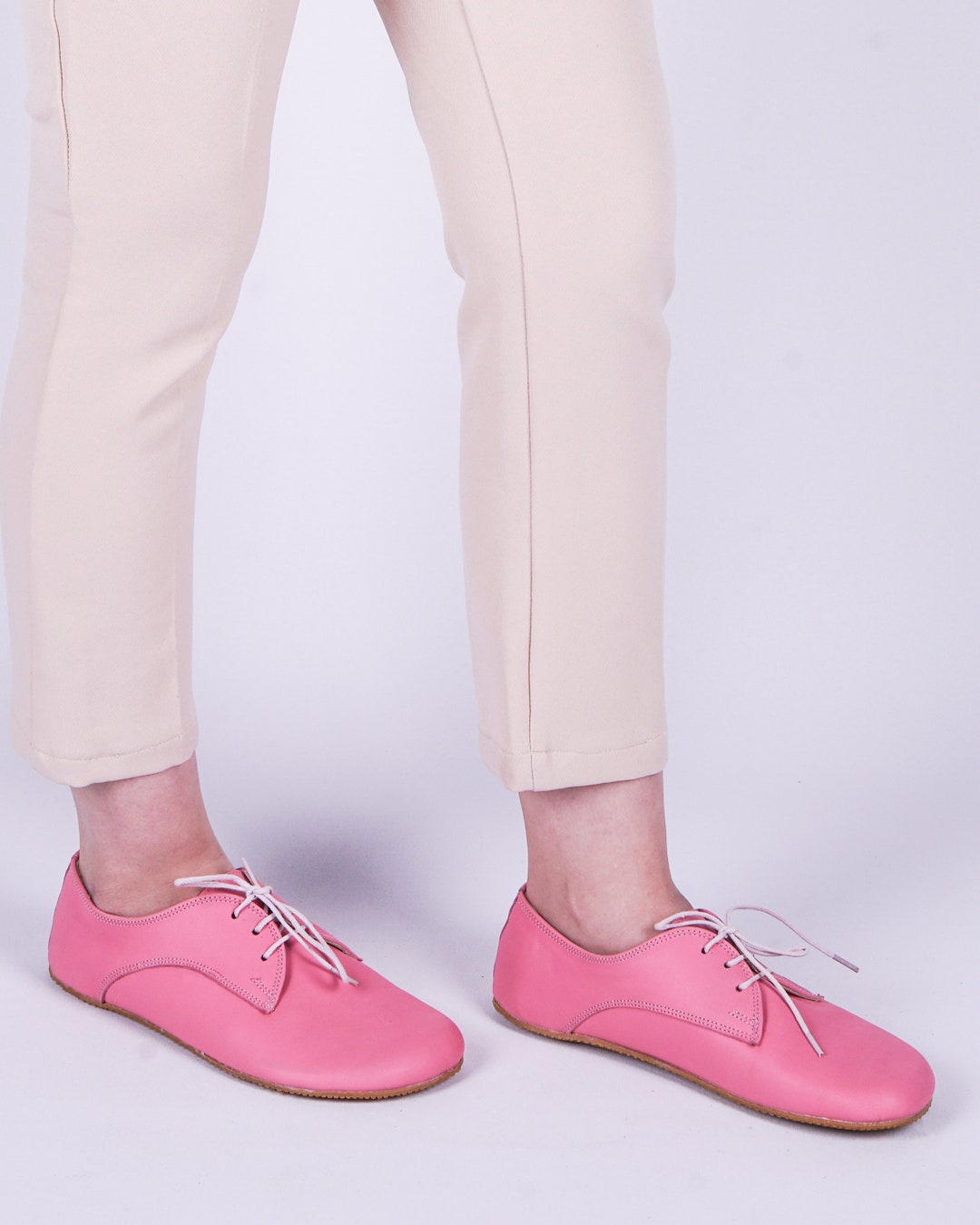 WOMEN Zero Drop Oxford Barefoot PINK SMOOTH Leather Handmade Shoes ...