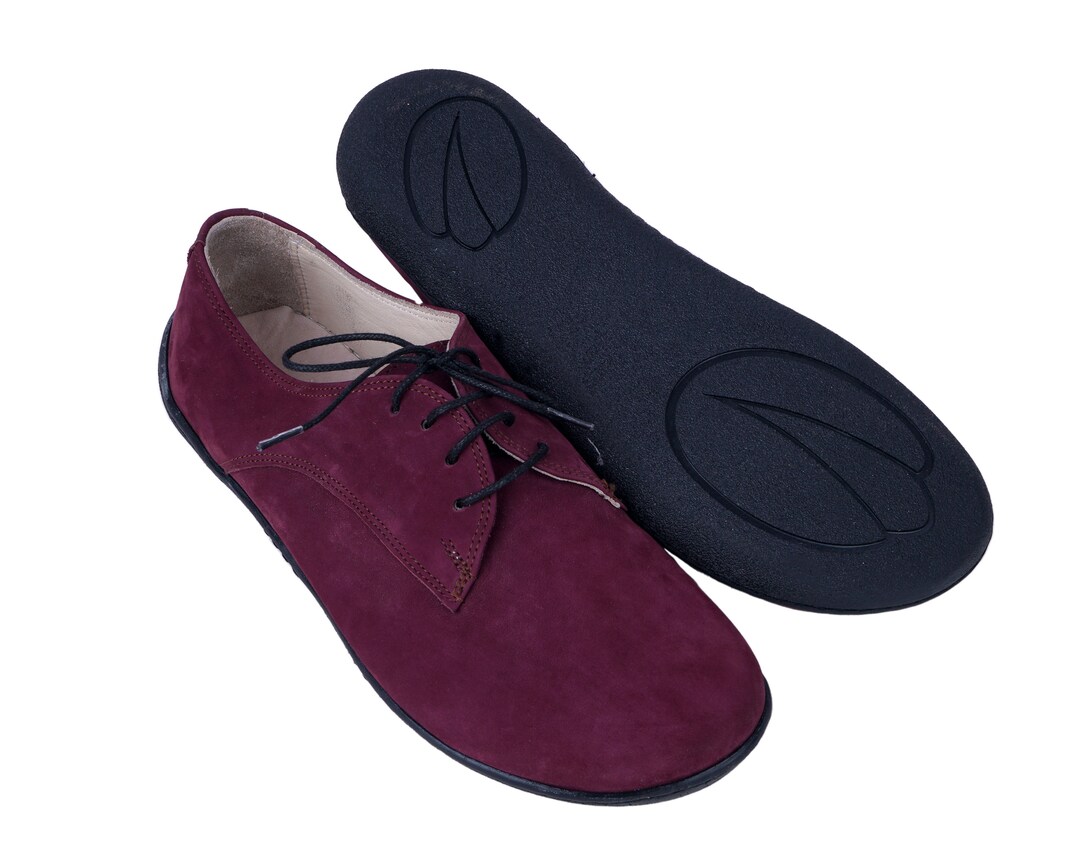 WOMEN Zero Drop Oxford Barefoot BURGUNDY NUBUCK Leather Handmade Shoes ...