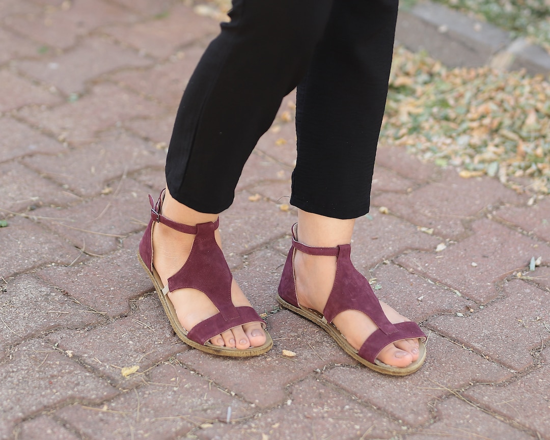 WOMEN Wider Barefoot Buckle Sandals, BURGUNDY NUBUCK Leather Handmade ...