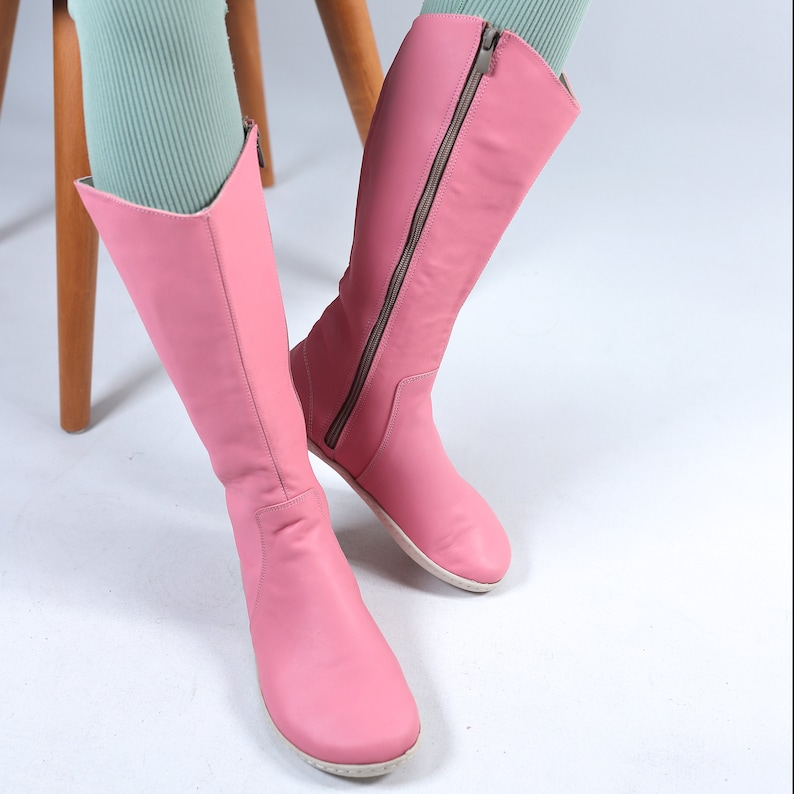 Handmade Pink Leather Knee Boots: Barefoot Zero Drop Shoes - Etsy