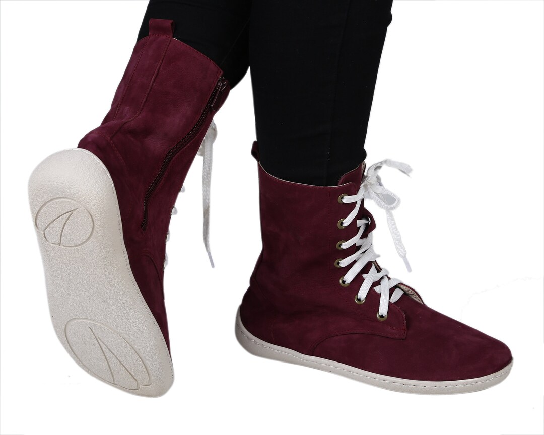 Women BOOT CLARET Red Nubuck Leather, Handmade Barefoot, Grounding ...