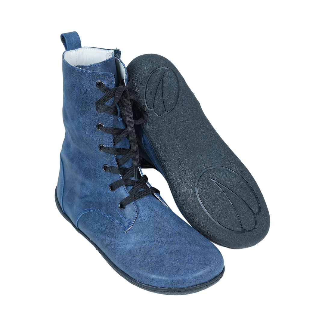 WOMEN Boots WIDE Zero Drop Barefoot NAVY Blue Crazy Leather Handmade ...