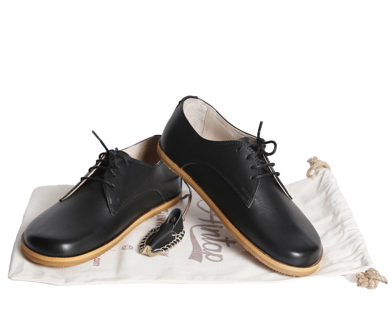 MEN Zero Drop OXFORD Barefoot BLACK Smooth Leather Handmade Shoes ...