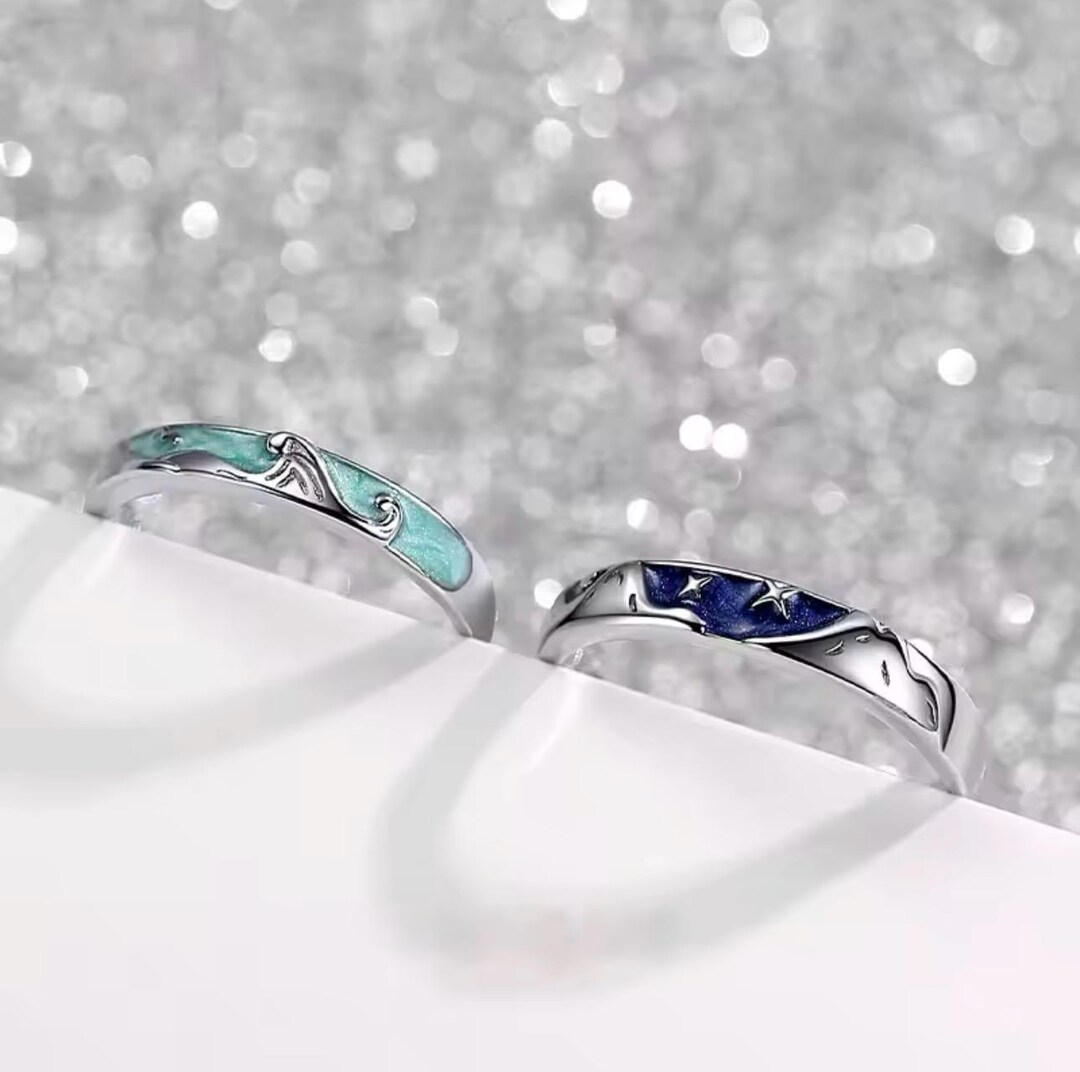 Adjustable Mountain Ocean Couple Ring Set - Handcrafted Nature Inspired ...