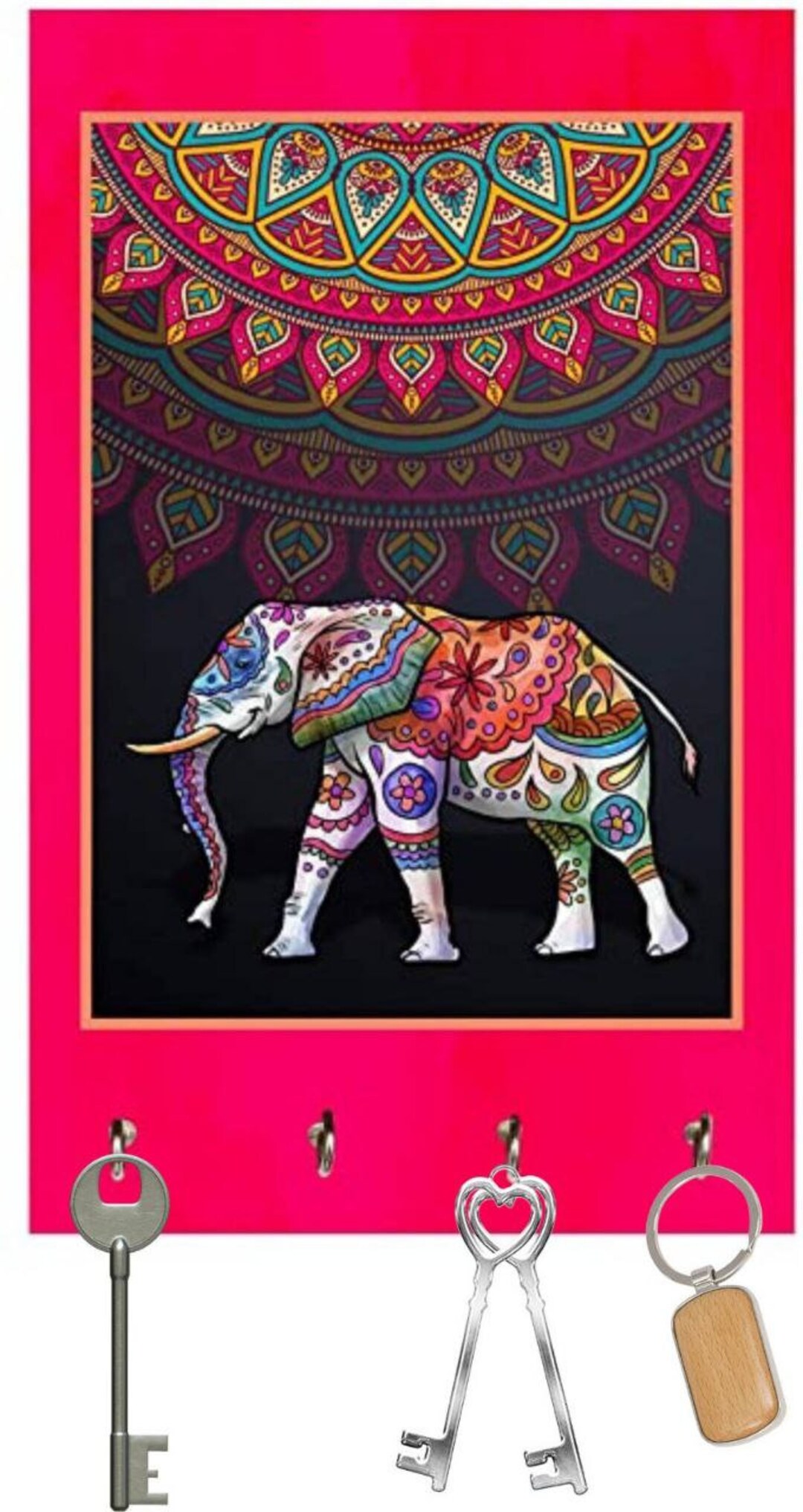 Beautiful Wooden Elephant Key Holder, Multicolour 4 Hook Handmade Key ...