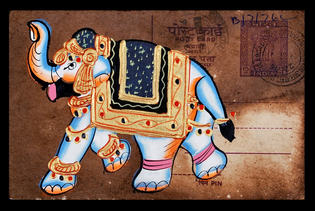 Elephant Pichwai Painting on British Period Postcard, Antique Mughal ...