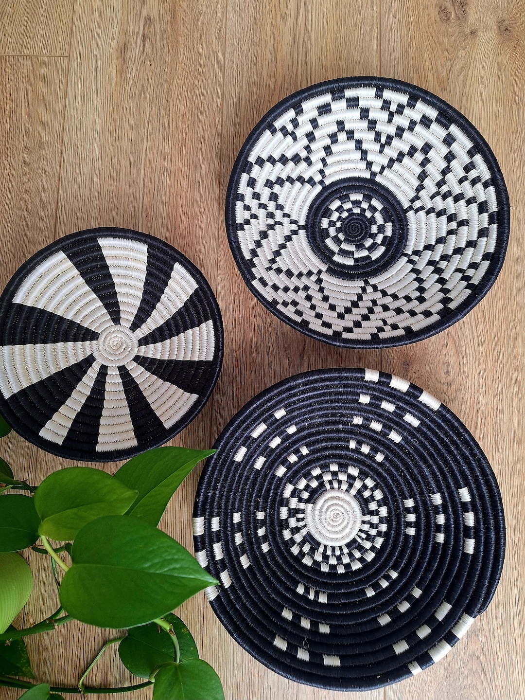 Handwoven Rwandan Wall Basket Set White and Black African Basket Decor ...