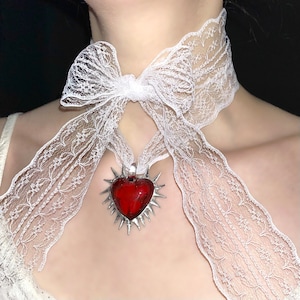 Y2k Spiky Red Heart Ribbon Necklace, Grunge Necklace, Celestial ...