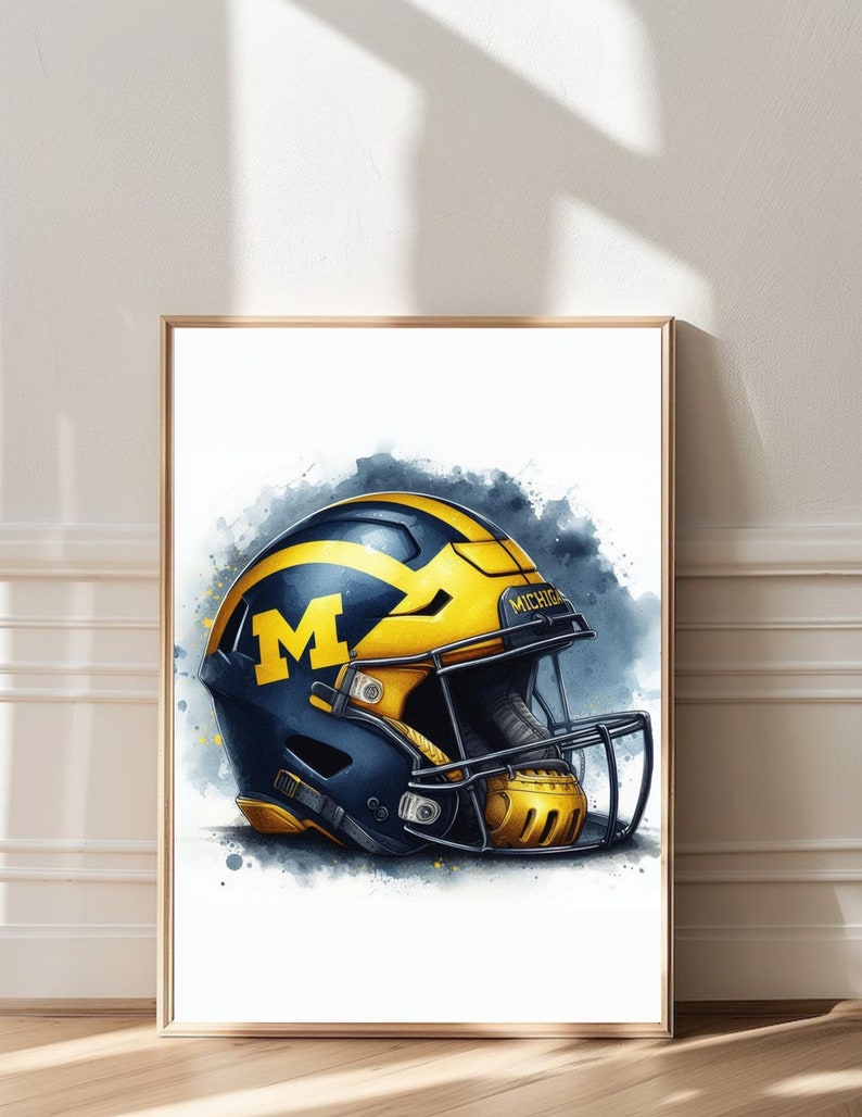 University of Michigan Wolverines Helmet Art Wall Print Watercolor ...