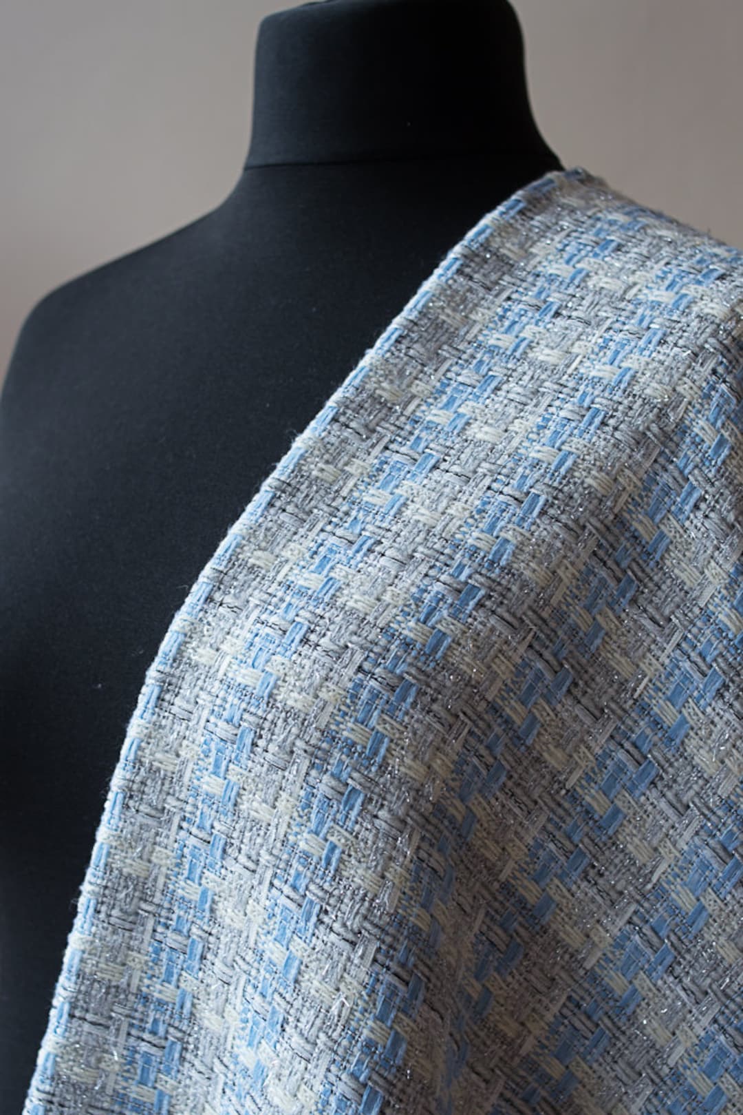 Checkered Tweed Light Blue Wool Cotton Lurex, Made in Italy - Etsy