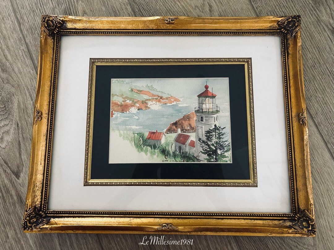 Vintage Framed Heceta Head Lighthouse Watercolor Print by Judith Miller ...