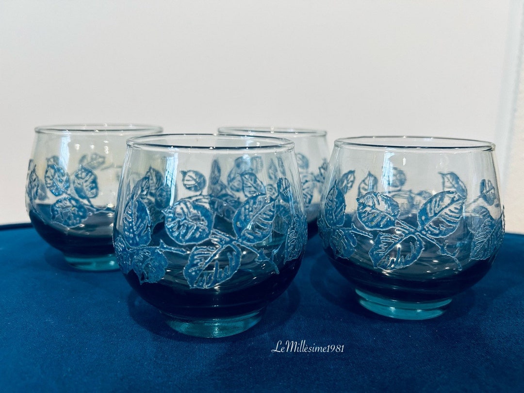 1960 Libbey Glass Company Roly Poly Blue Autumn Leaves Glasses Set of 4 ...