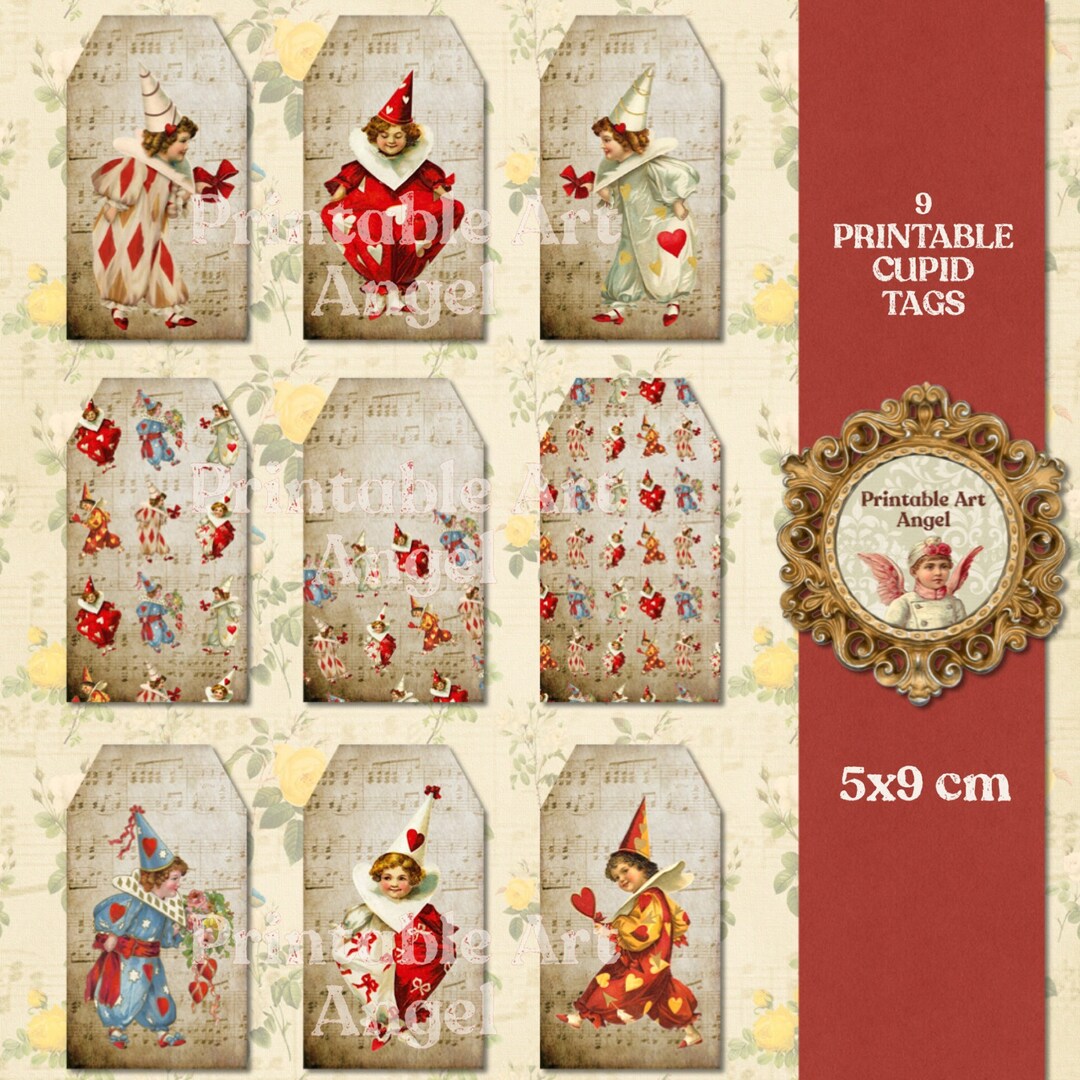 Printable Valentine Cupid Gift Tags, Victorian Love Hang Tags (digital ...