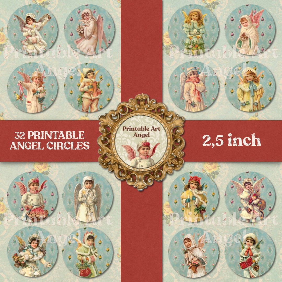 Printable Vintage Christmas Angels Circles 2,5 Inch, Digital Planner ...