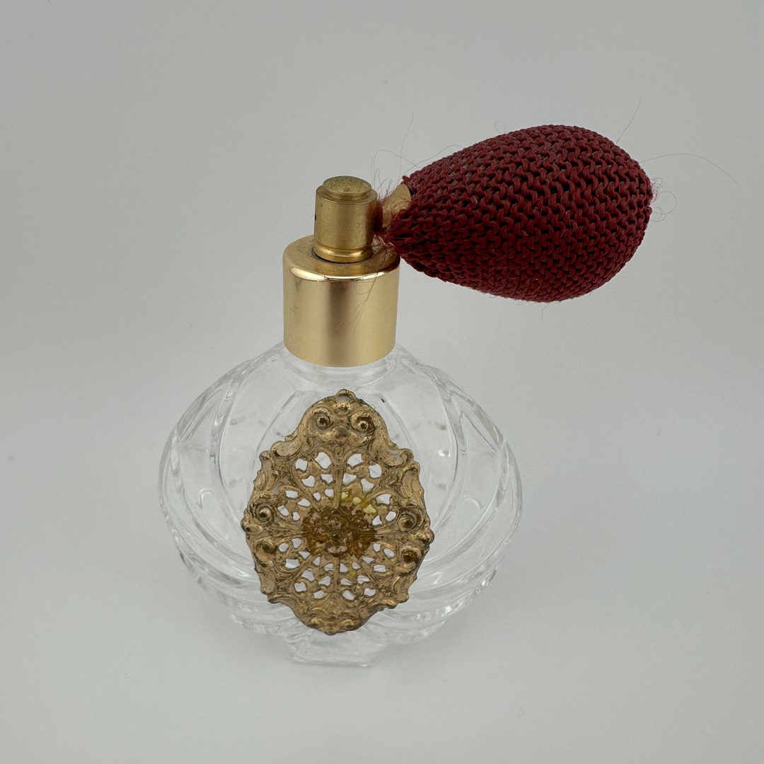 Vintage Perfume Bottle, Burgundy Atomizer Bulb, Clear Glass With Gold ...